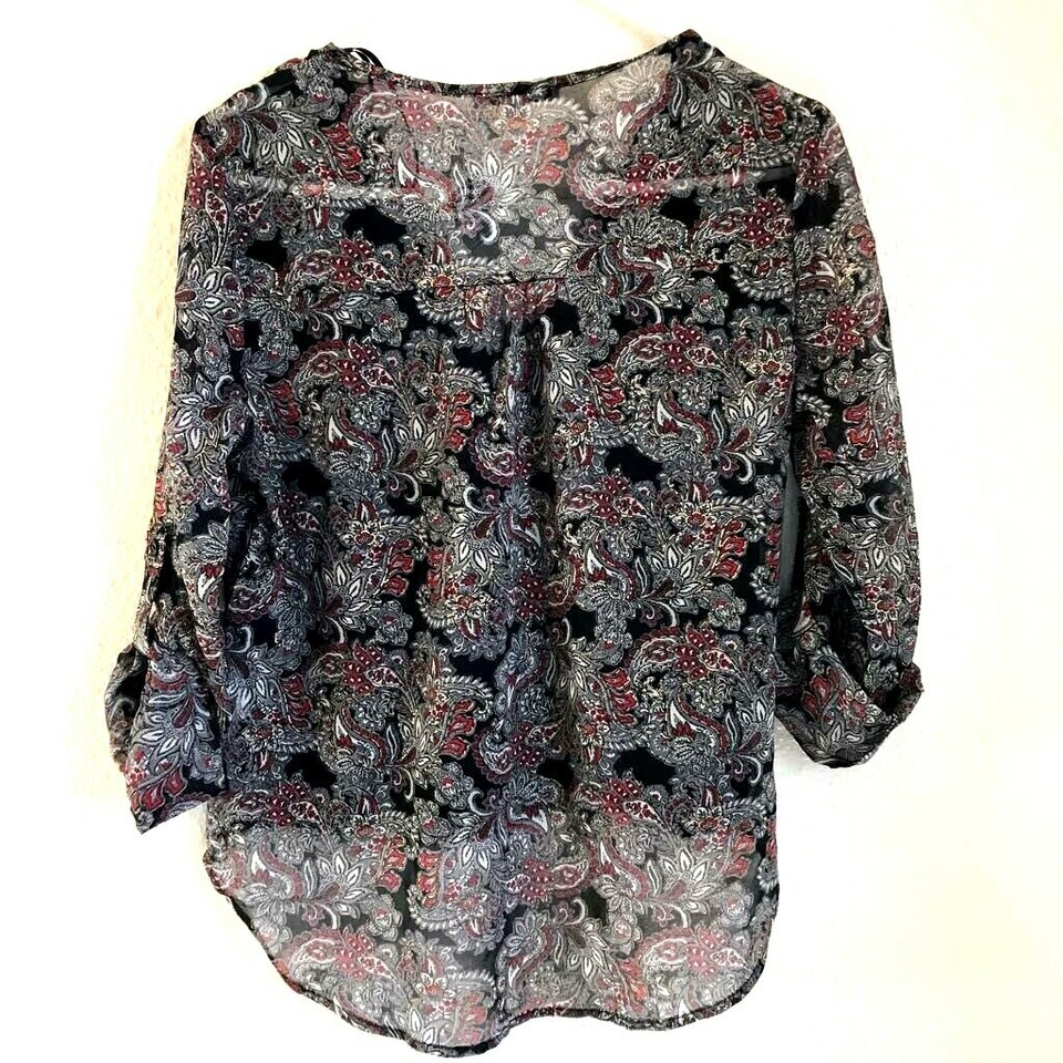 Crescent Willough Womens Hi Lo Blouse Black Paisley Roll Tab Sleeve V ...