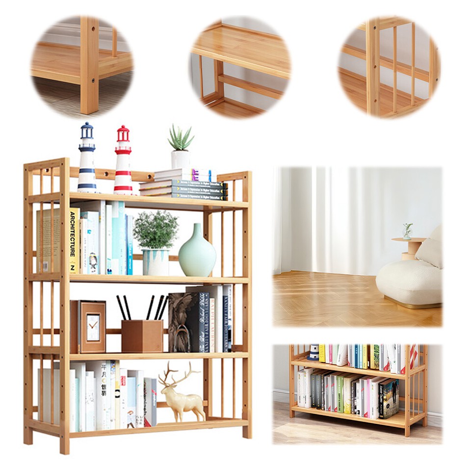 4 Tier Bamboo Shelving Unit, Heavy Duty Adjustable Bookcase Shelf ...
