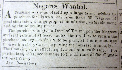 1827 RICHMOND Virginia newspaper with a SLAVE AD for 60 "NEGR0ES WANTED ...