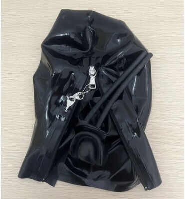 Latex gummi mask hood black 15cm long nose tube mouth teeth lock zip | eBay