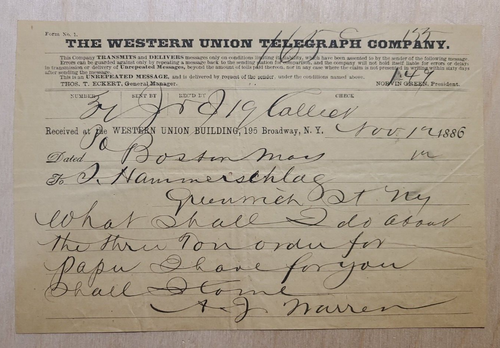 1886 Antique Document, Western Union Telegraph Co., 195 Broadway NY ...