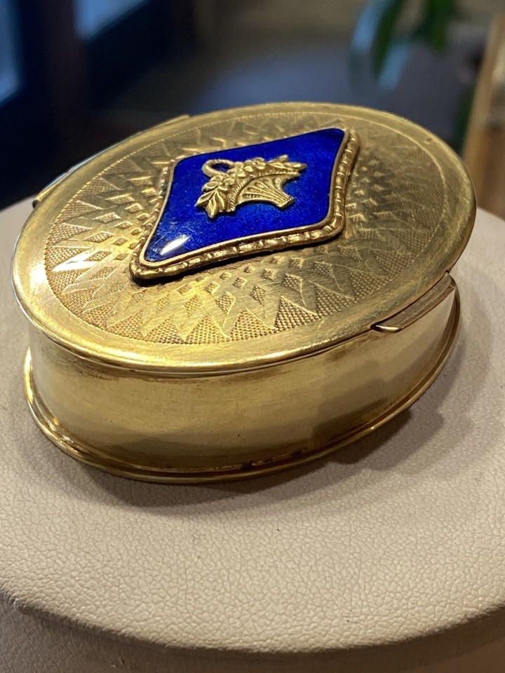 antique vintage pill box compact case snuff brass guilloche blue enamel ...