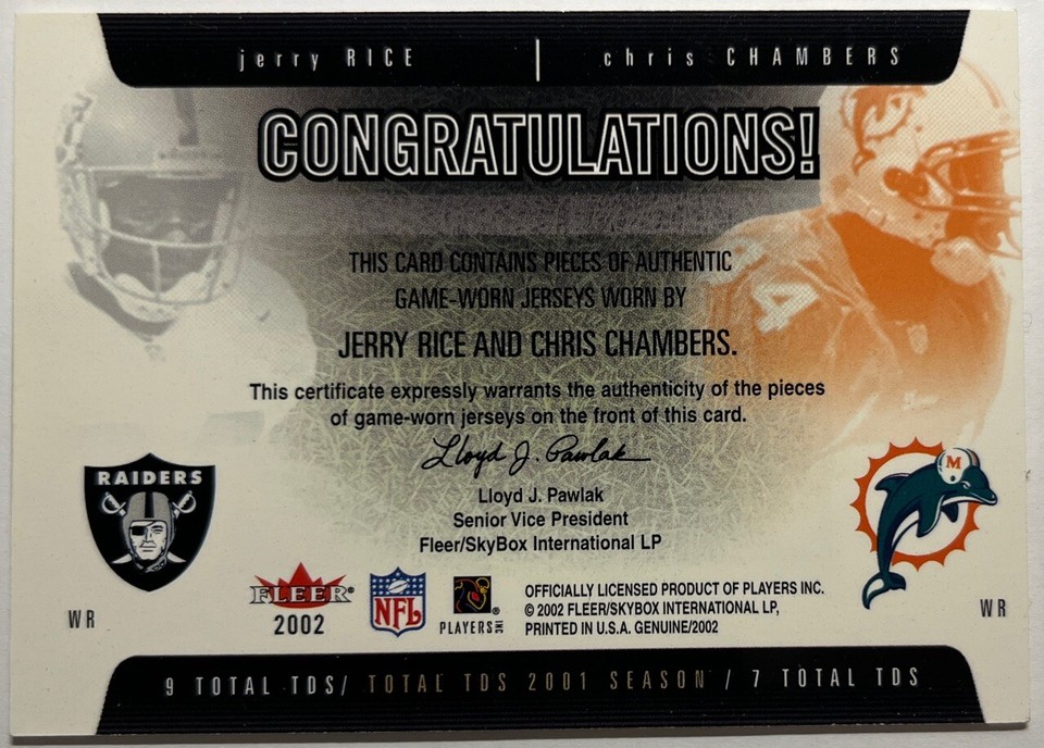 Jerry Rice Chris Chambers 2002 Fleer Genuine TD Threats Game Worn ...