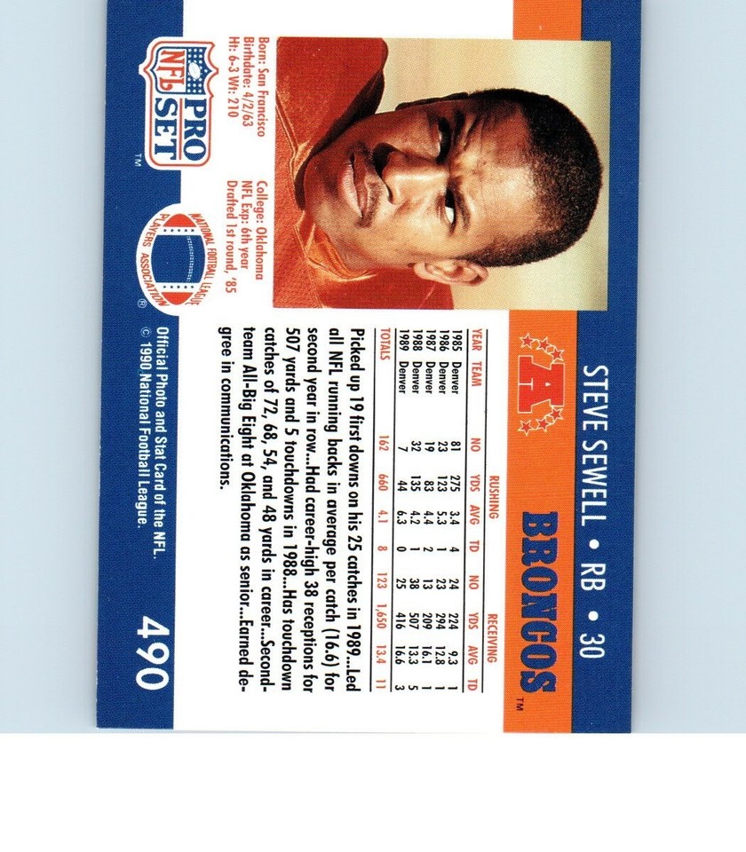 Steve Sewell 490 Broncos 1990 Pro Set NFL Football Trading Card | eBay