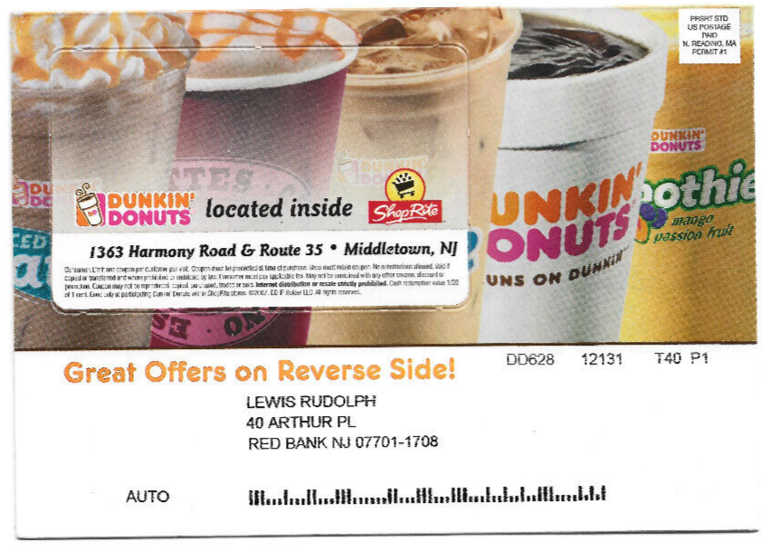 Middletown New Jersey Dunkin Donuts Coupon Card 2007 Harmony Rd Vintage ...