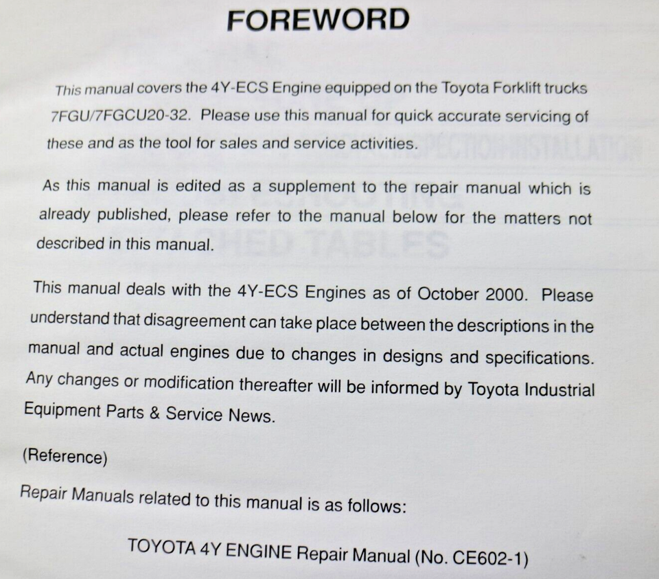 TOYOTA Forklift 4Y-ECS Engine Repair Shop Service Manual SUPPLEMENT ...