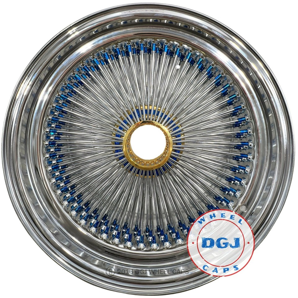 DGJ WHEELS 20x8 STD 150 Spoke Blue Nip+Hub Ring & Gold Hub Lowrider ...