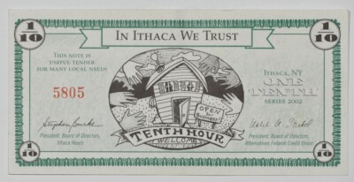 2002 One Tenth Hour 1/10 Ithaca Hours Local Currency Note, New York, NY ...