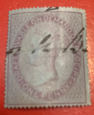 Queen Victoria Draft Payable on Demand or Receipt One Penny Stamp Used ...