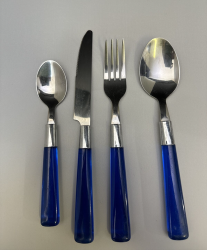 Vintage 4 Piece Clear Royal Blue Plastic Handles Stainless Flatware | eBay