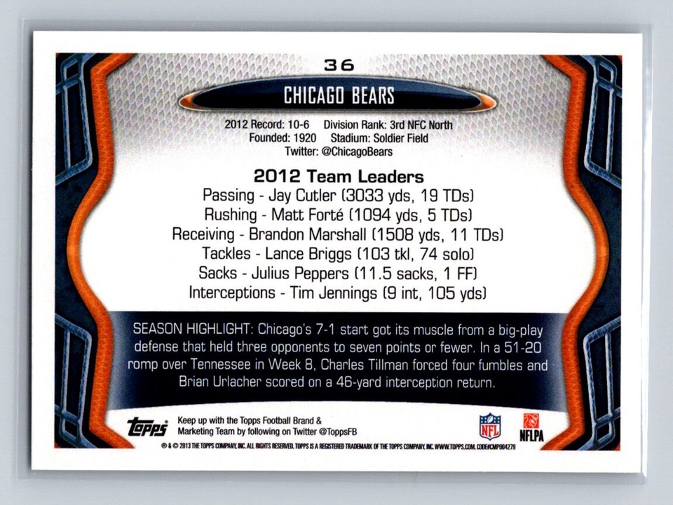 2013 Topps #36 Chicago Bears Chicago Bears | eBay