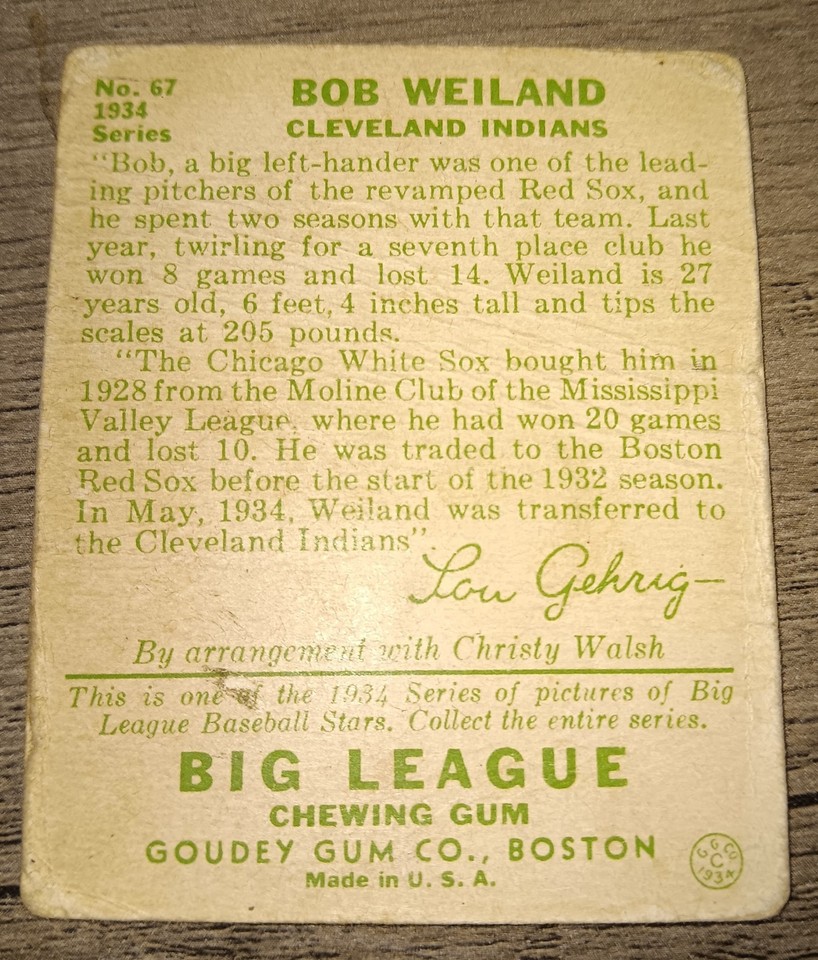 BOB WEILAND VINTAGE ORIGINAL GOUDEY BASEBALL CARD #67 UNGRADED MLB ...