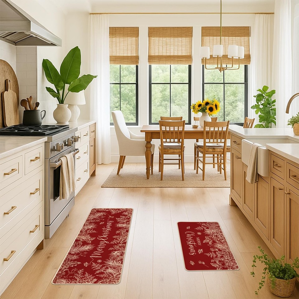 Christmas Kitchen Mat Set of 2, Non-Slip Holly Pine Branches Leaves Red ...