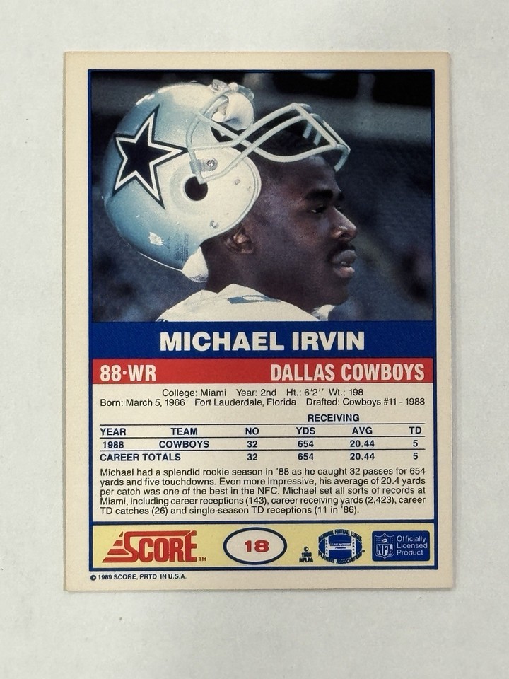 1989 Score Football #18 MICHAEL IRVING Dallas Cowboys ROOKIE | eBay