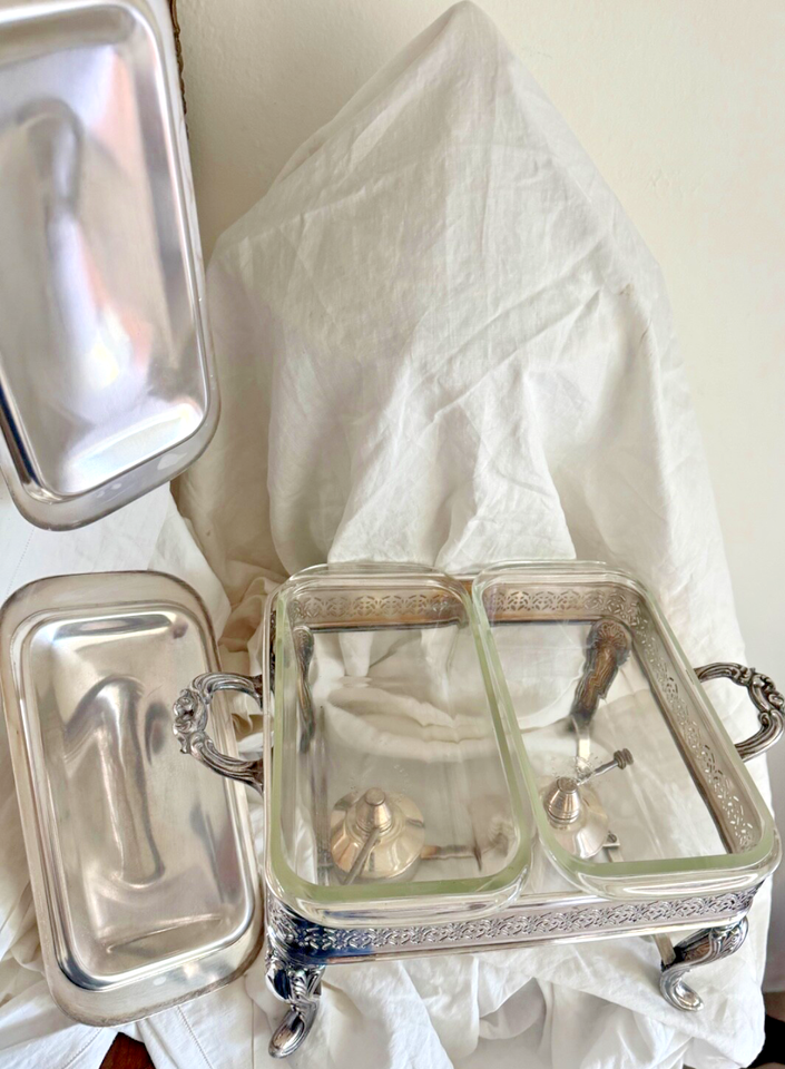 English Silver Mfg Co Silver Plate Dual Chafing Dish Pyrex Inserts ...