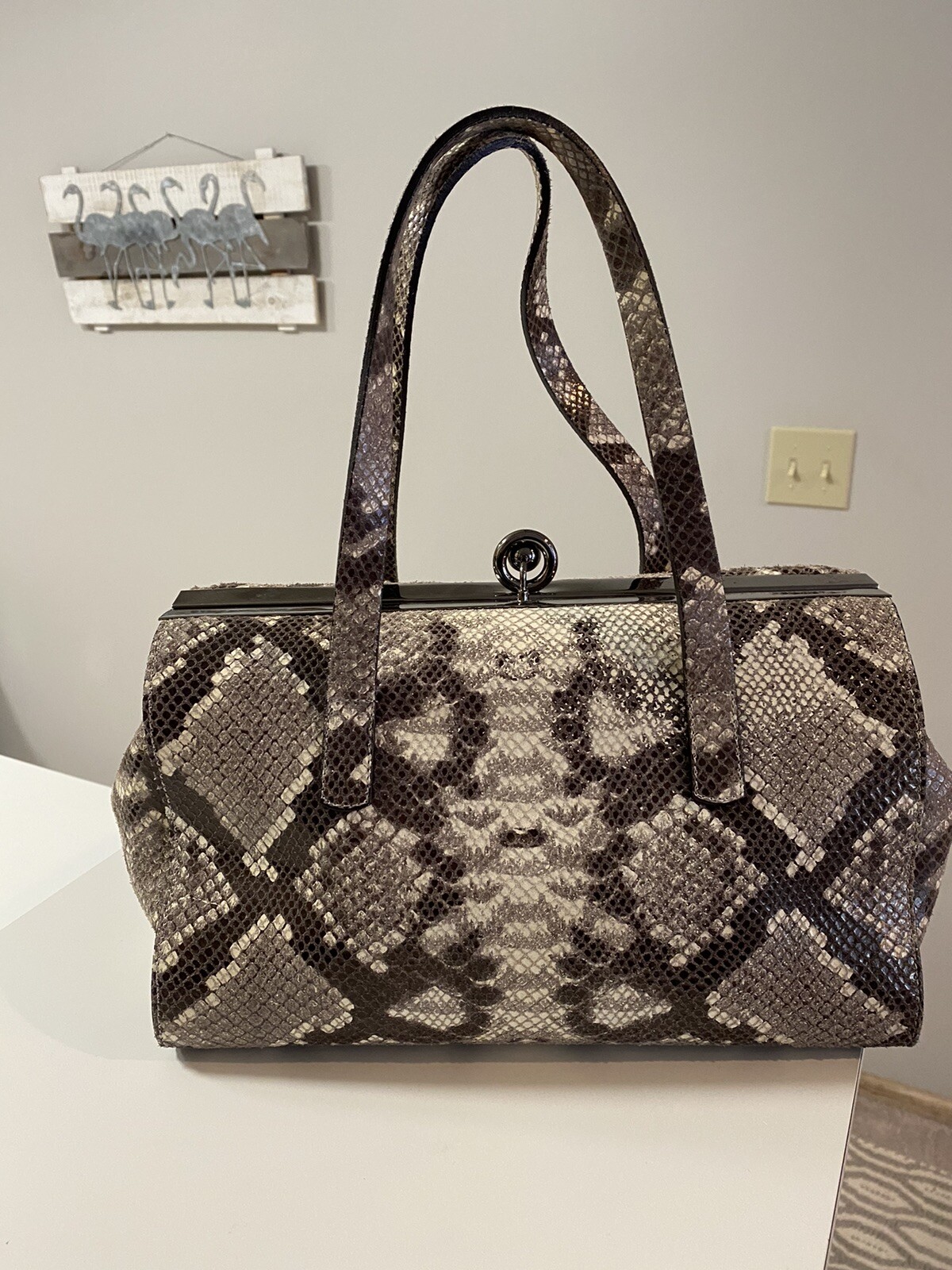 Alberta Di Canio Brown Snake Print Leather Handbag Medium Size Mint EUC ...