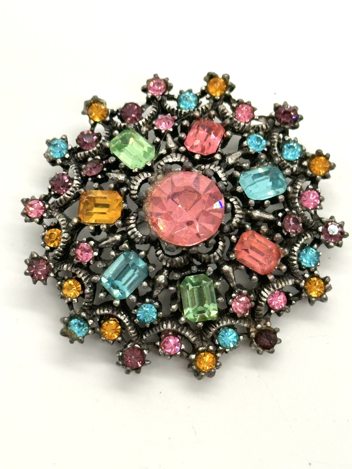Vintage CORO Colorful Rhinestone Dome Pin Brooch - Gem