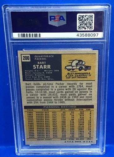 1971 Topps Football Bart Starr Card #200 PSA 8 NM-MT Centered Packers ...