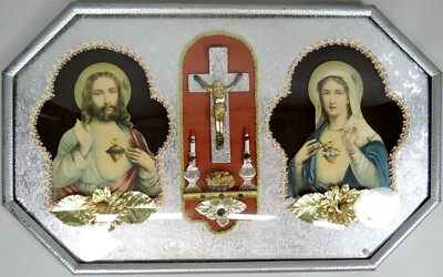 Vtg Catholic Shadow Box Mary Jesus Crucifix Bubble Glass Frame ...