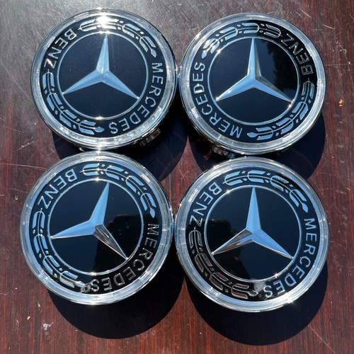 4PCS 75mm Floating Wheel Center Caps for Mercedes BLACK Wreath AMG Rims ...