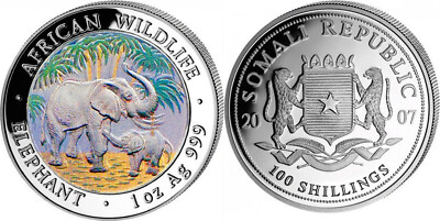 Somalia - African Wildlife Elefant 2007 color 1Oz Silber 100Schillings ...
