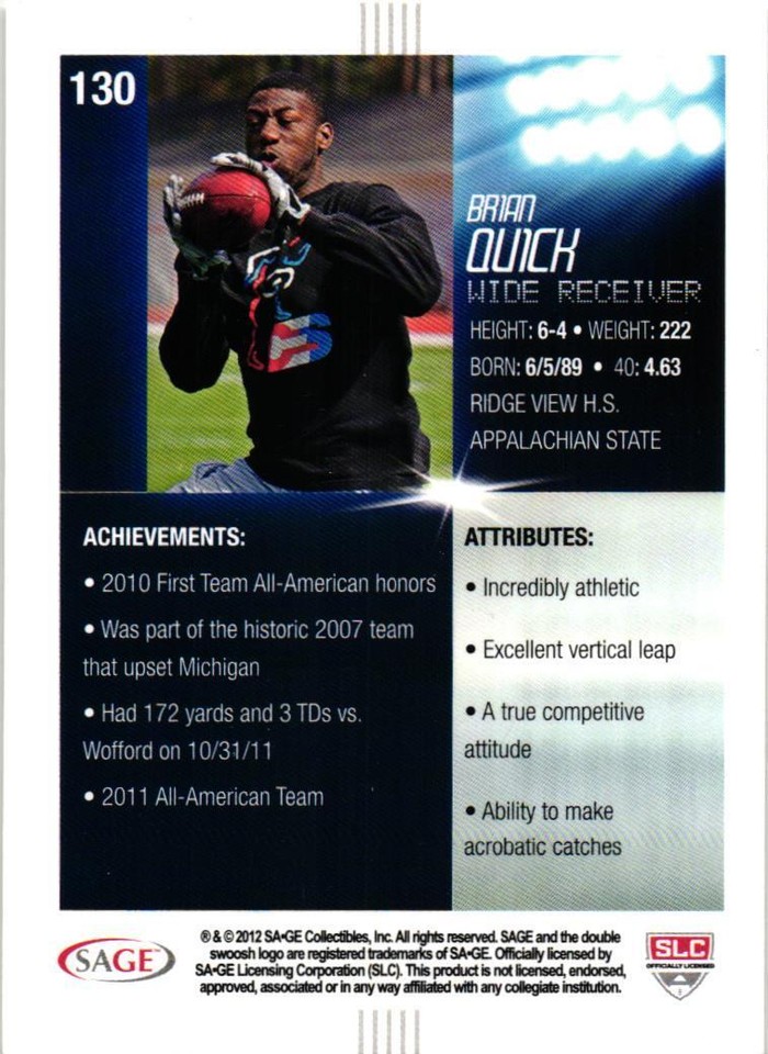 2012 SAGE HIT 130 Brian Quick Appalachian State Mountaineers | eBay