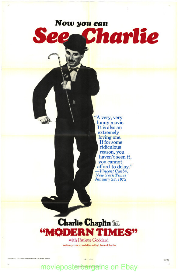MODERN TIMES MOVIE POSTER Original R1972 Folded 27x41 CHARLES CHAPLIN ...