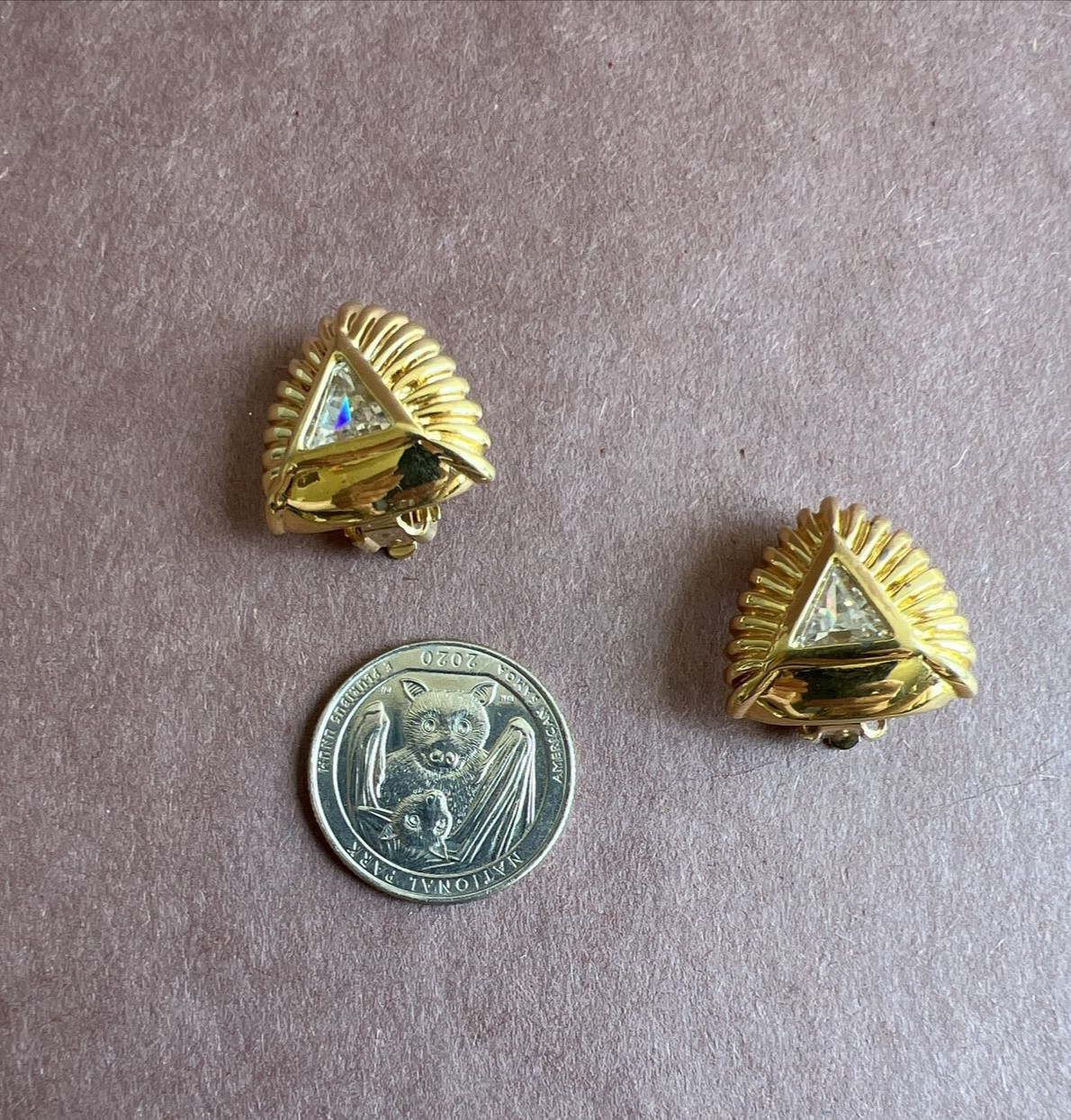 1989 Franklin Mint Gold Tone Art Deco Earrings Center… - Gem