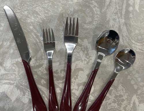 Fiesta Swirl Burgundy Stainless 5 Piece Set Fork Spoon Knife Flatware ...