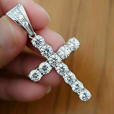 3Ct Lab Created Diamond Round Cross Pendant Necklace 14K White Gold ...