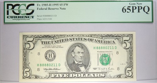 1995 $5 St. Louis PCGS 65PPQ Lucky 8's Fancy Serial Number 88880211 | eBay