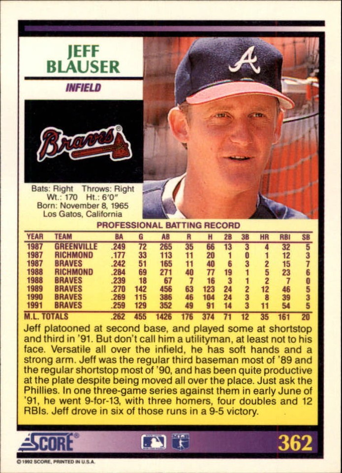 1992 Score #362 Jeff Blauser - NM | eBay