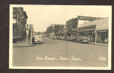 RPPC PERRY IOWA DOWNTOWN 2ND STREET SCENE OLD CARS STORES REAL PHOTO ...