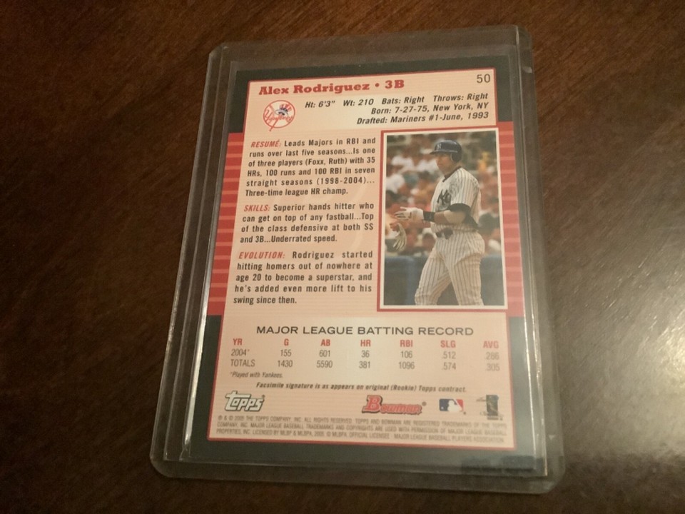2005 ALEX RODRIGUEZ BAT CARD BOWMAN GAME USED BAT NEW YORK YANKEES #50 ...