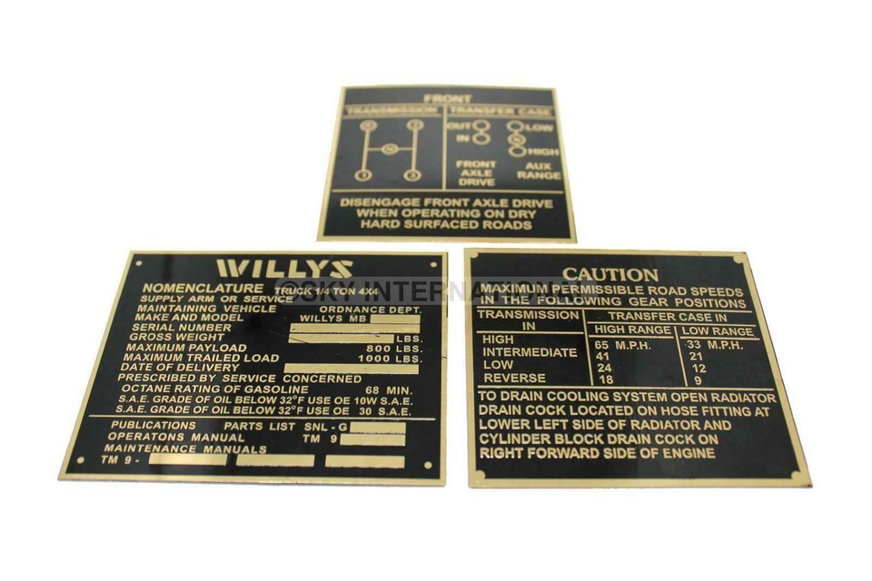 Set Of 3 Brass Data Plate Set Compatible With Vintage Jeep Willys CJ2A ...