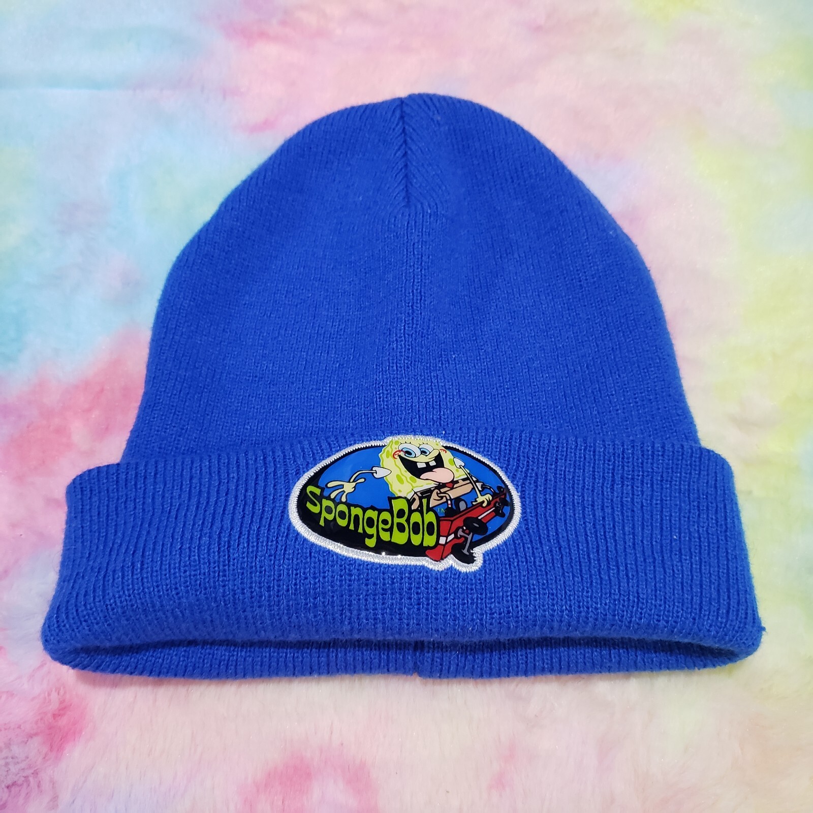 SpongeBob SquarePants Beanie Winter Hat Blue Knit Boys Nickelodeon Logo ...