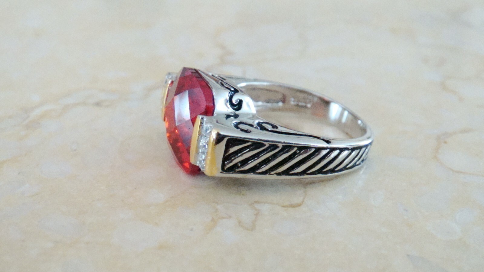 925 Sterling Silver Red Quartz Ring Antique Finish Size 8 Designer Look ...