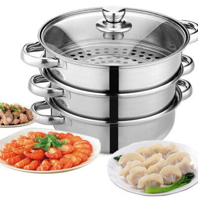 28cm Steamer Pans 3 Tiers with Glass Lid, Stainless Steel Steamer Pots ...