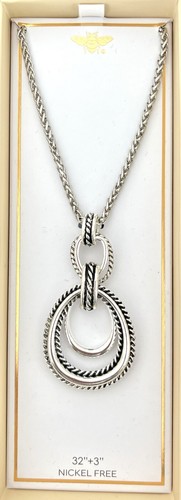 NIB Long Chunky Silvertone NECKLACE & PENDENT, 3" Oval Rings, 32" + 3 ...