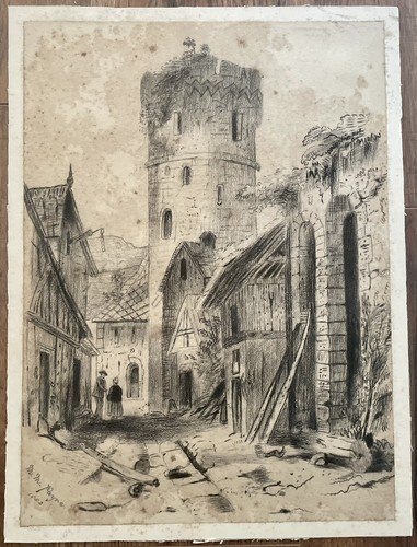 Antique Art Drawing - Street Scene, M. M. Payne, 1883 | eBay