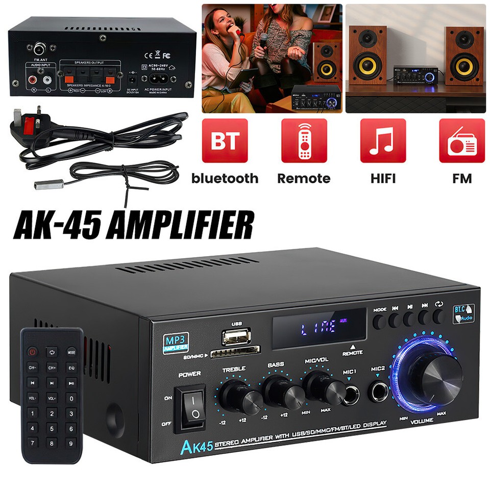 AK45 Mini Bluetooth Power Amplifier Home/Car/Marine Stereo Audio Amp ...