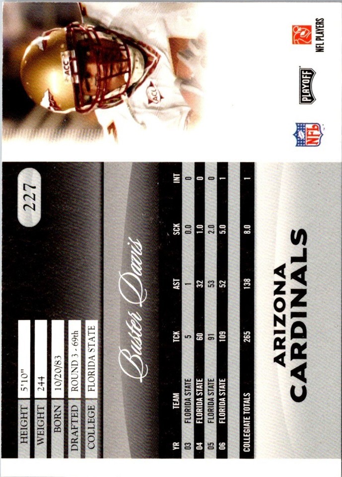 2007 Playoff Prestige Buster Davis #227 Arizona Cardinals Football Card ...