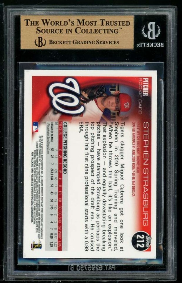 Stephen Strasburg Rookie Card 2010 Topps Chrome #212 BGS 9.5 (Read ...