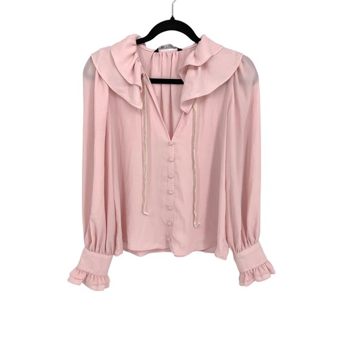 Zara Ruffle Tie Neck Blouse Womens Size XS Light Pink Long Sleeve | eBay