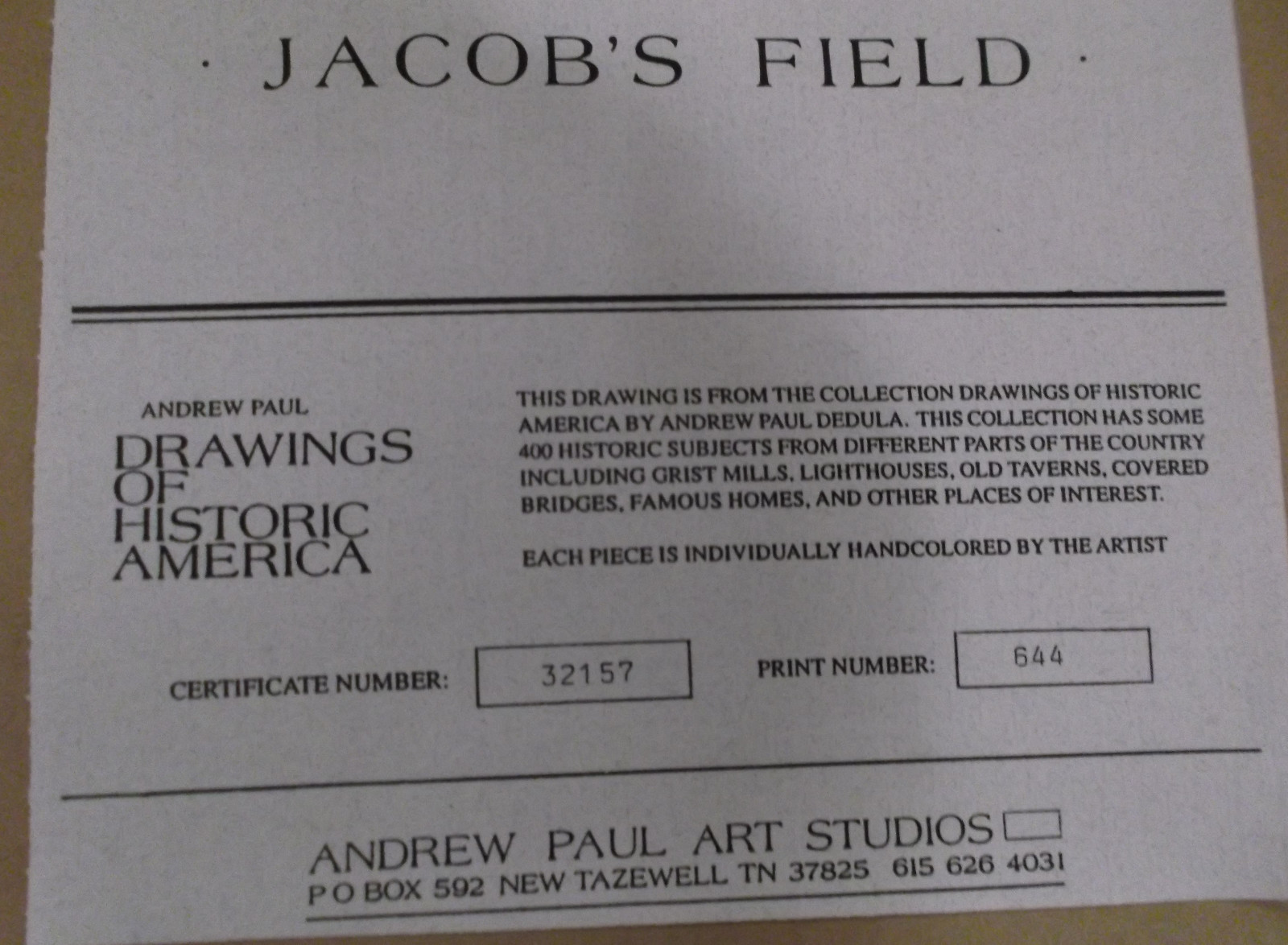 Andrew Paul Drawings of Historic America Jacob's Field 1994 Drawing | eBay