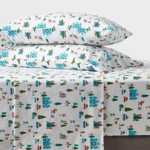 Wondershop Christmas Flannel Sheet Set Snowy Village Queen NEW | eBay