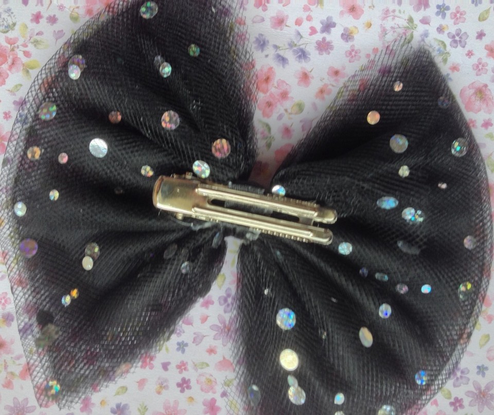 BIG OVERSIZED SPARKLE SEQUIN TULLE BOW HAIR CLIP GRIP 80s STYLE RETRO ...