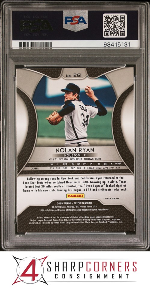 2019 PANINI PRIZM HYPER PURPLE GREEN #261 NOLAN RYAN POP 1 PSA 9 ...