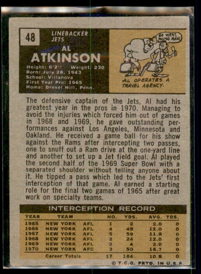 1971 Topps Al Atkinson #48 New York Jets | eBay