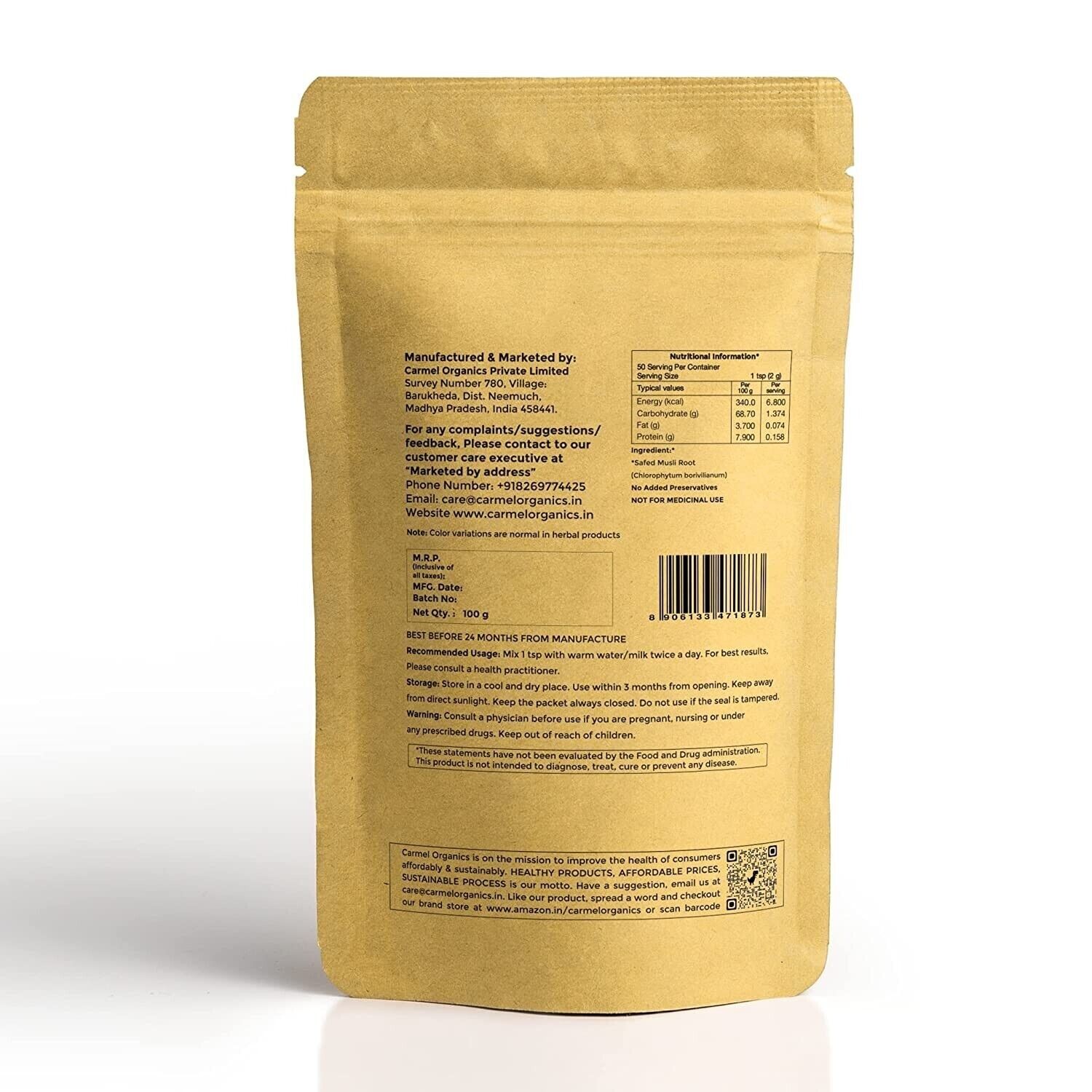 CARMEL ORGANICS SAFED MUSLI ROOT POWDER 100g free shipping world wide ...